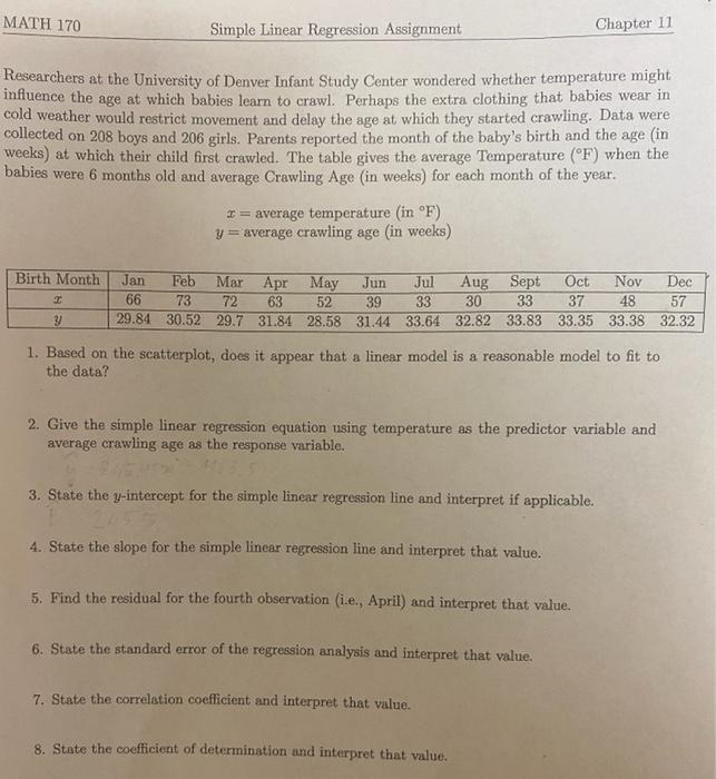 Solved MATH 170 Simple Linear Regression Assignment Chapter | Chegg.com
