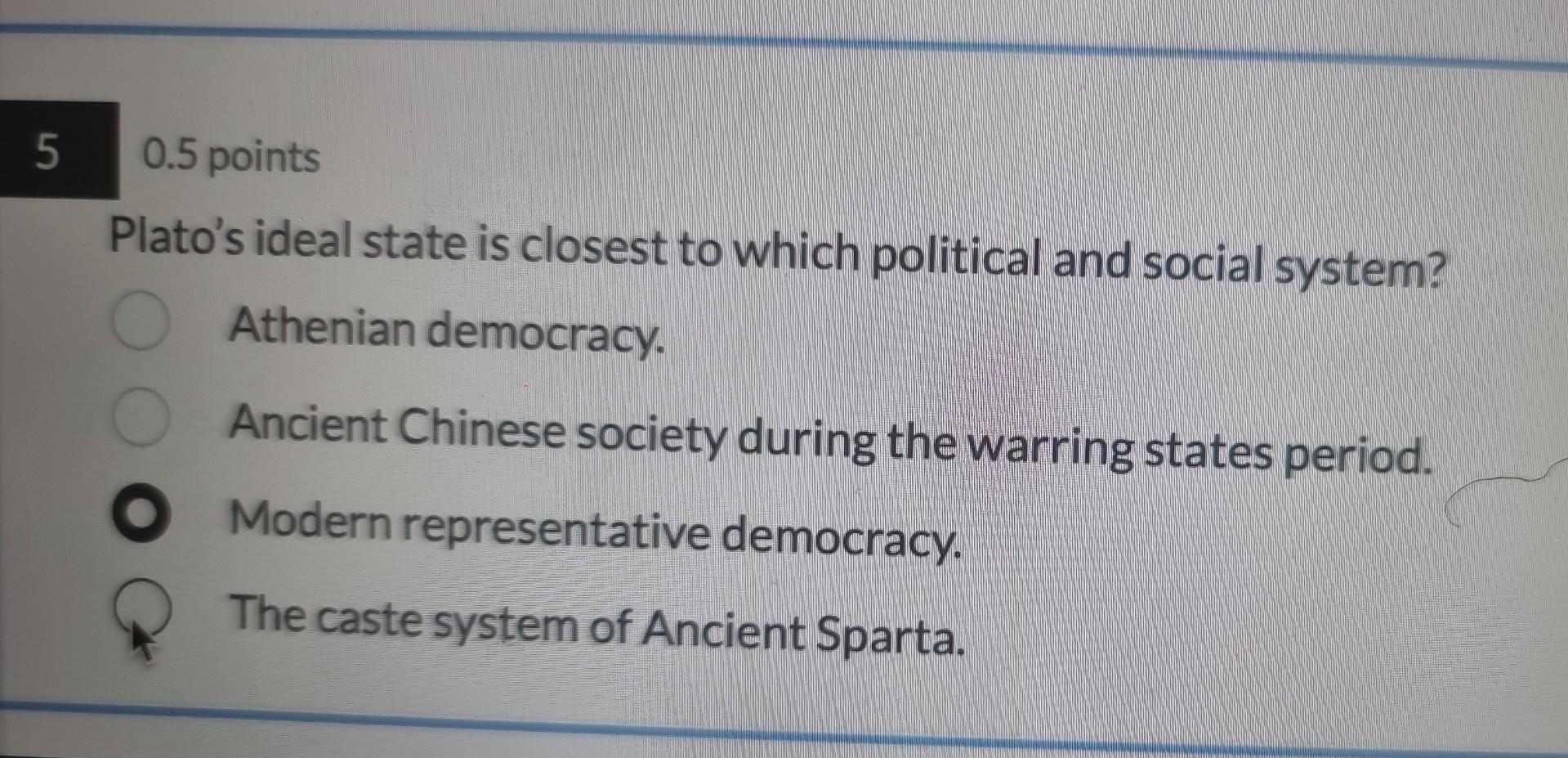 Solved 0.5 points Plato's ideal state is closest to which | Chegg.com