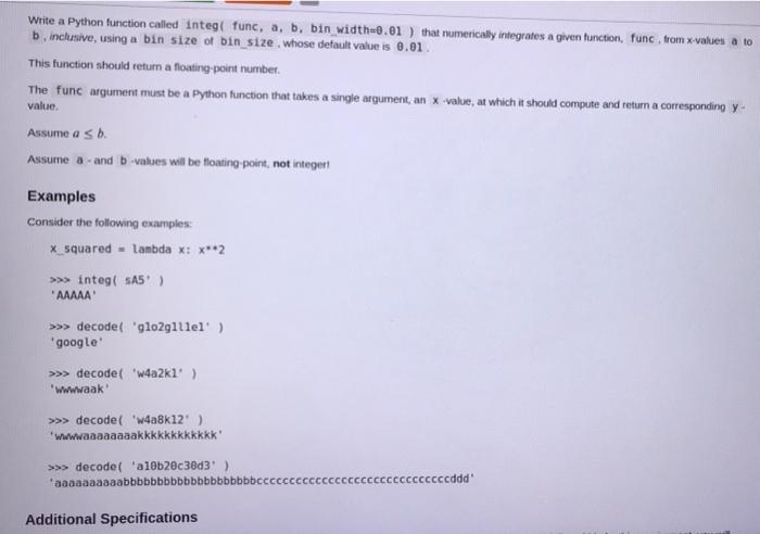 Solved Write a Python function called integ( func, a, b, bin | Chegg.com
