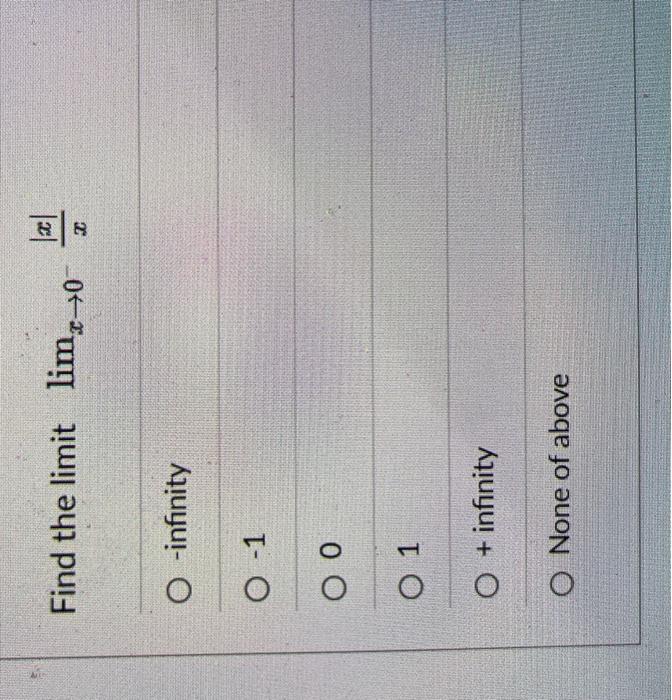 Solved d the limit limx→0−x∣x∣ -infinity −1 0 1 + infinity | Chegg.com