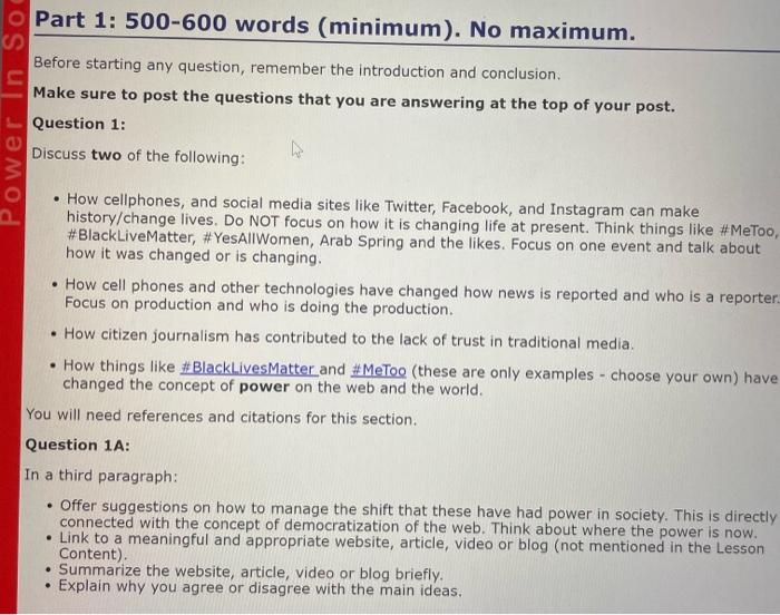 Part 1: 500-600 words (minimum). No maximum. Power in | Chegg.com