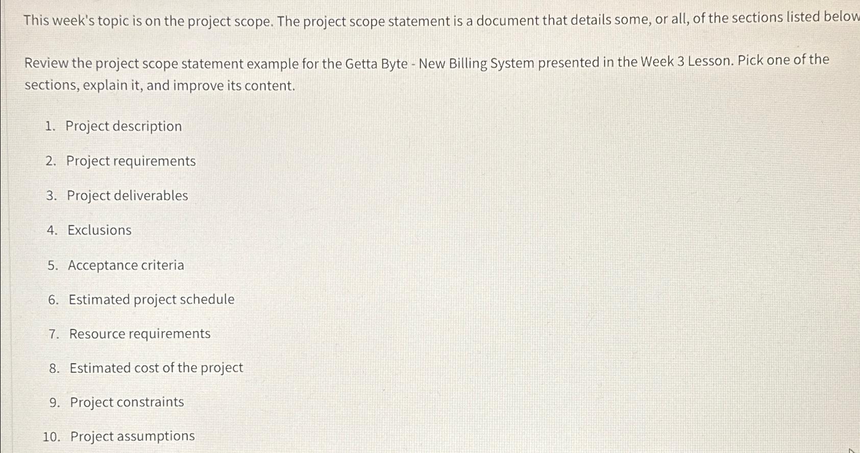 Solved This week's topic is on the project scope. The | Chegg.com