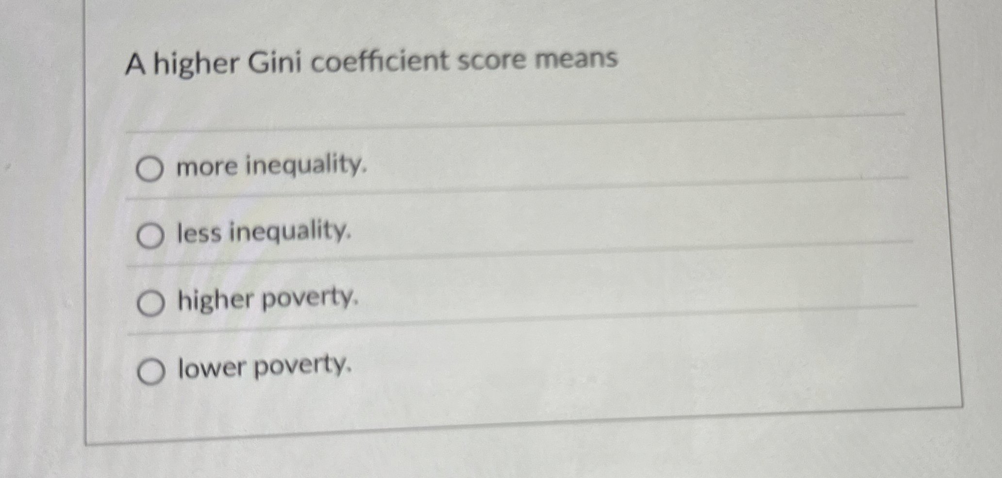Solved A higher Gini coefficient score meansmore | Chegg.com