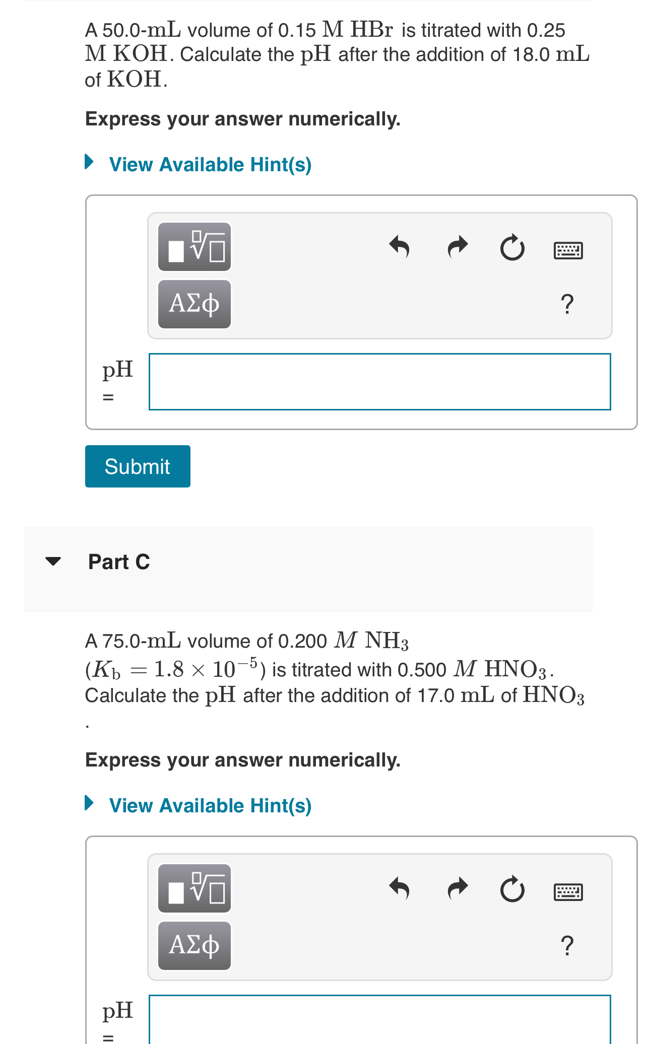 Solved A 50.0-mL volume of 0.15MHBr ﻿is titrated with 0.25 | Chegg.com