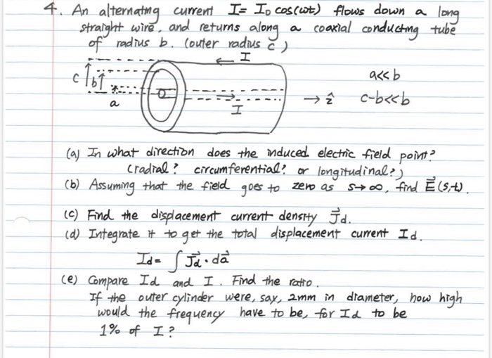 Solved 4. An alternating current I= Io cos(wt) flows down a | Chegg.com