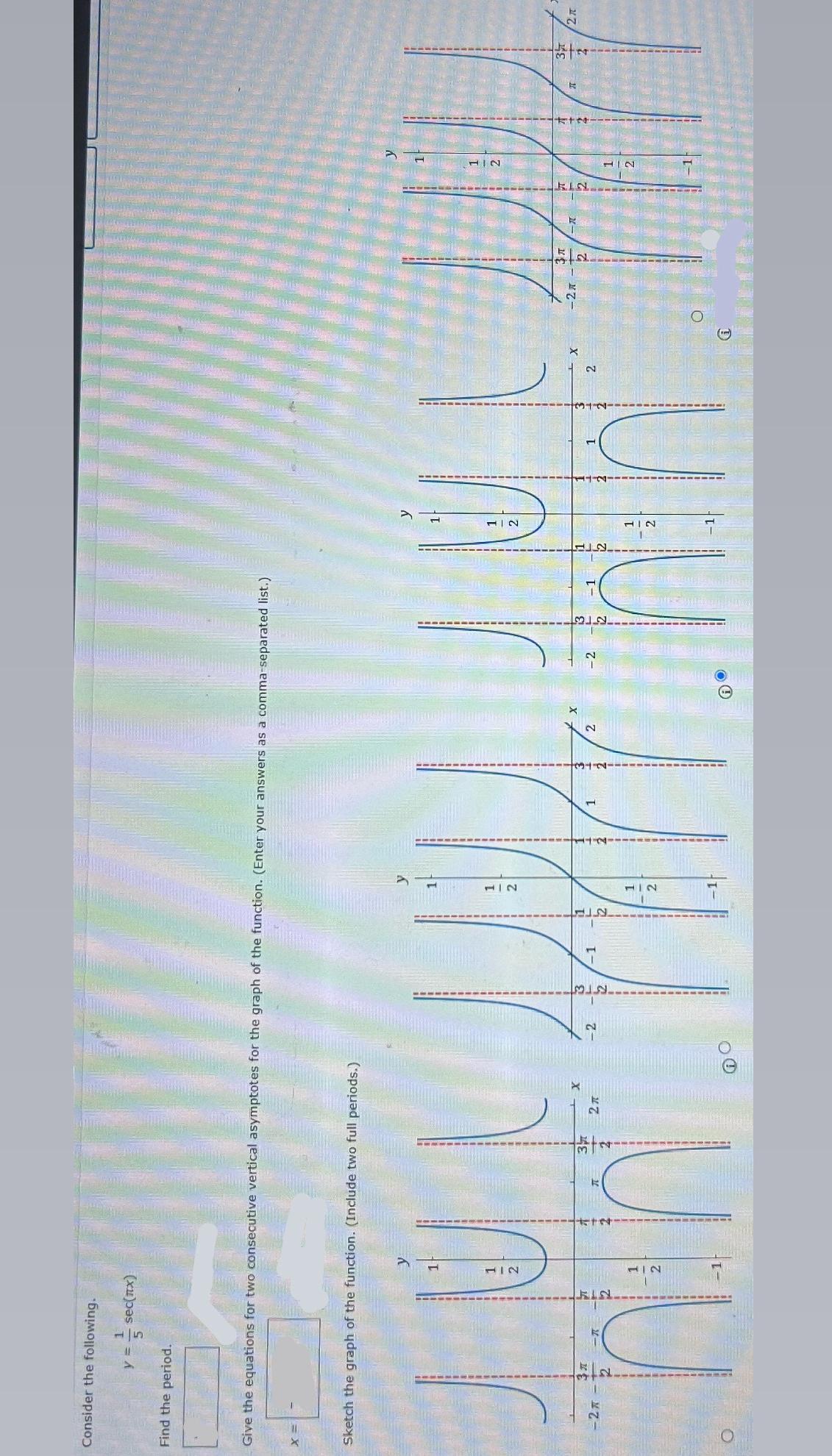 Solved consider the following y=1/5sec(pix) | Chegg.com
