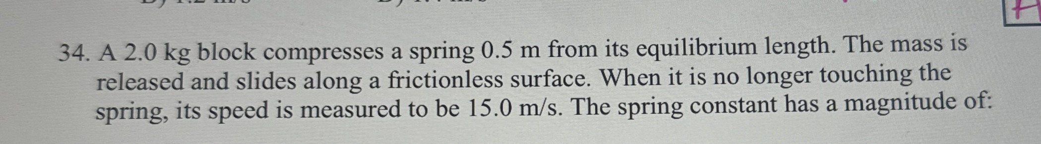 Solved A 2.0 ﻿kg block compresses a spring 0.5 ﻿m from its | Chegg.com
