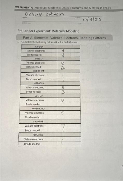 Solved EXPERIMENT G Molecular Modeling: Lewis Structures and | Chegg.com