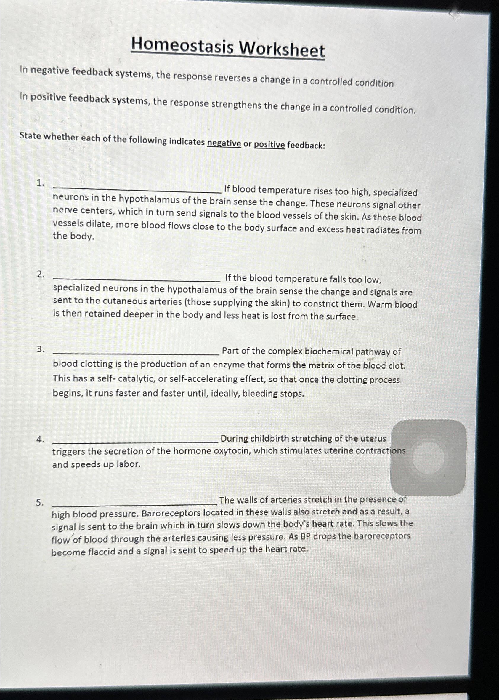 Solved Homeostasis WorksheetIn negative feedback systems, | Chegg.com