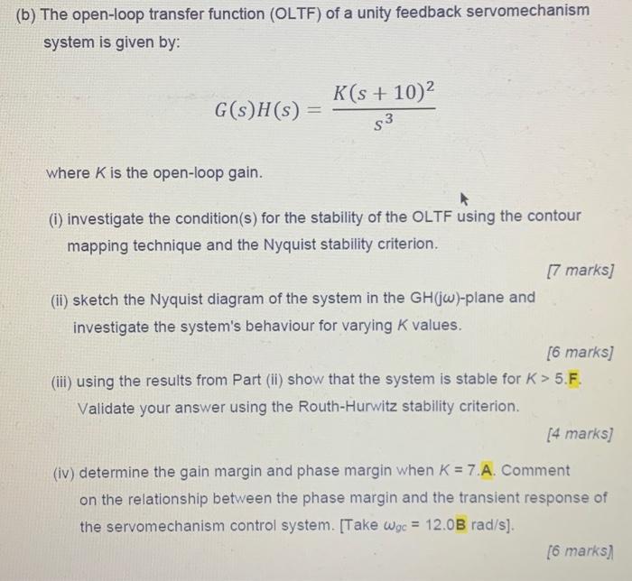 Solved (b) The open-loop transfer function (OLTF) of a unity | Chegg.com