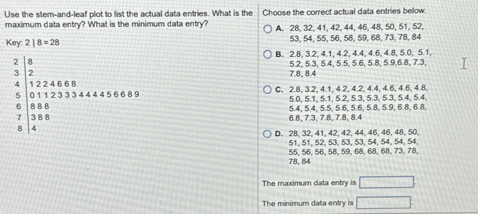 Solved Use the stem-and-leaf plot to list the actual data | Chegg.com