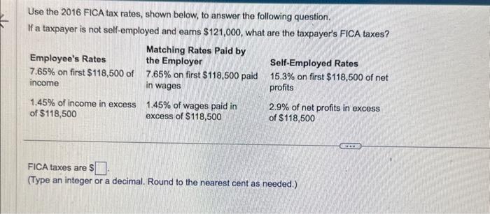 Solved Use the 2016 FICA tax rates, shown below, to answer | Chegg.com