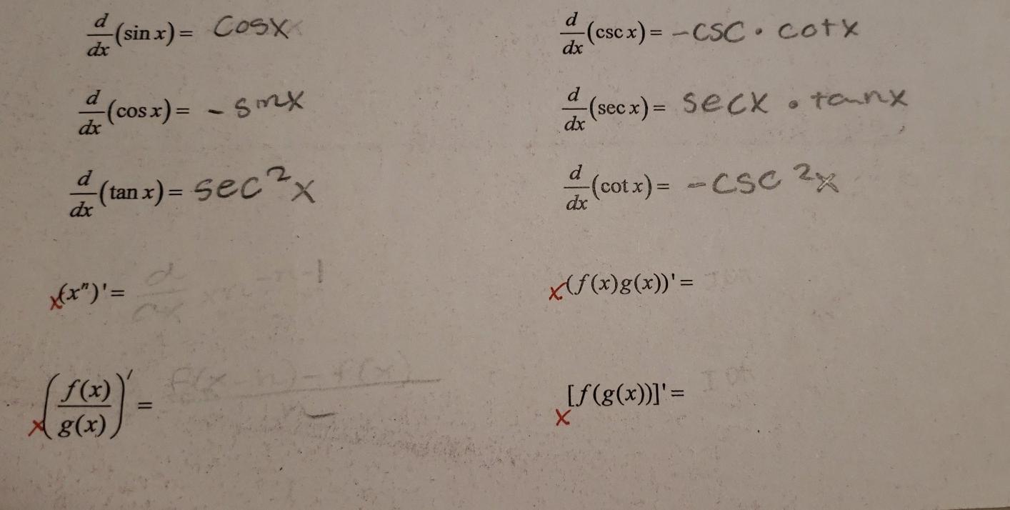 Solved d (sin x) = cost (cs (cscx) = -CSC cotx dx dx (cos x) | Chegg.com