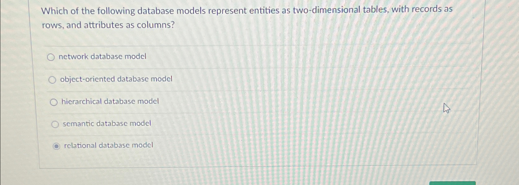 Solved Which of the following database models represent | Chegg.com