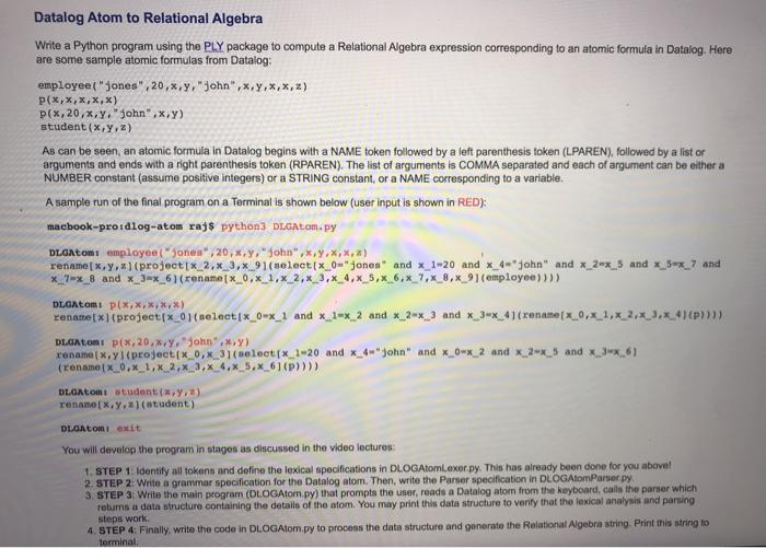 Datalog Atom to Relational Algebra Write a Python | Chegg.com