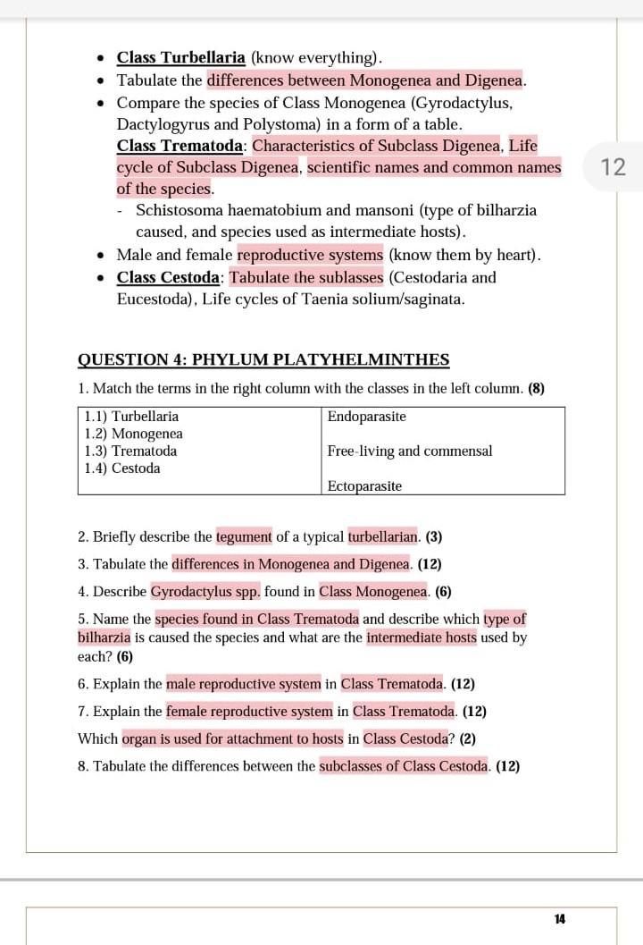 Solved 12 • Class Turbellaria (know everything). • Tabulate | Chegg.com