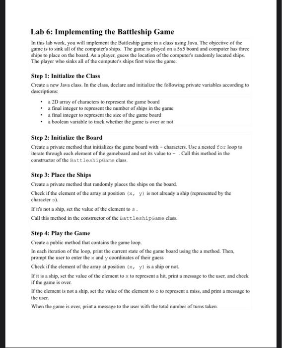 Solved Lab 6: Implementing the Battleship Game In this lab | Chegg.com