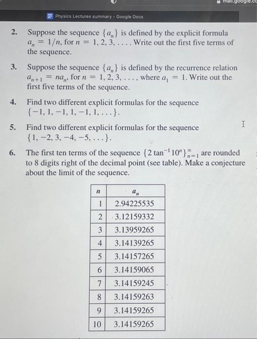 Solved 2. Suppose the sequence {an} is defined by the | Chegg.com
