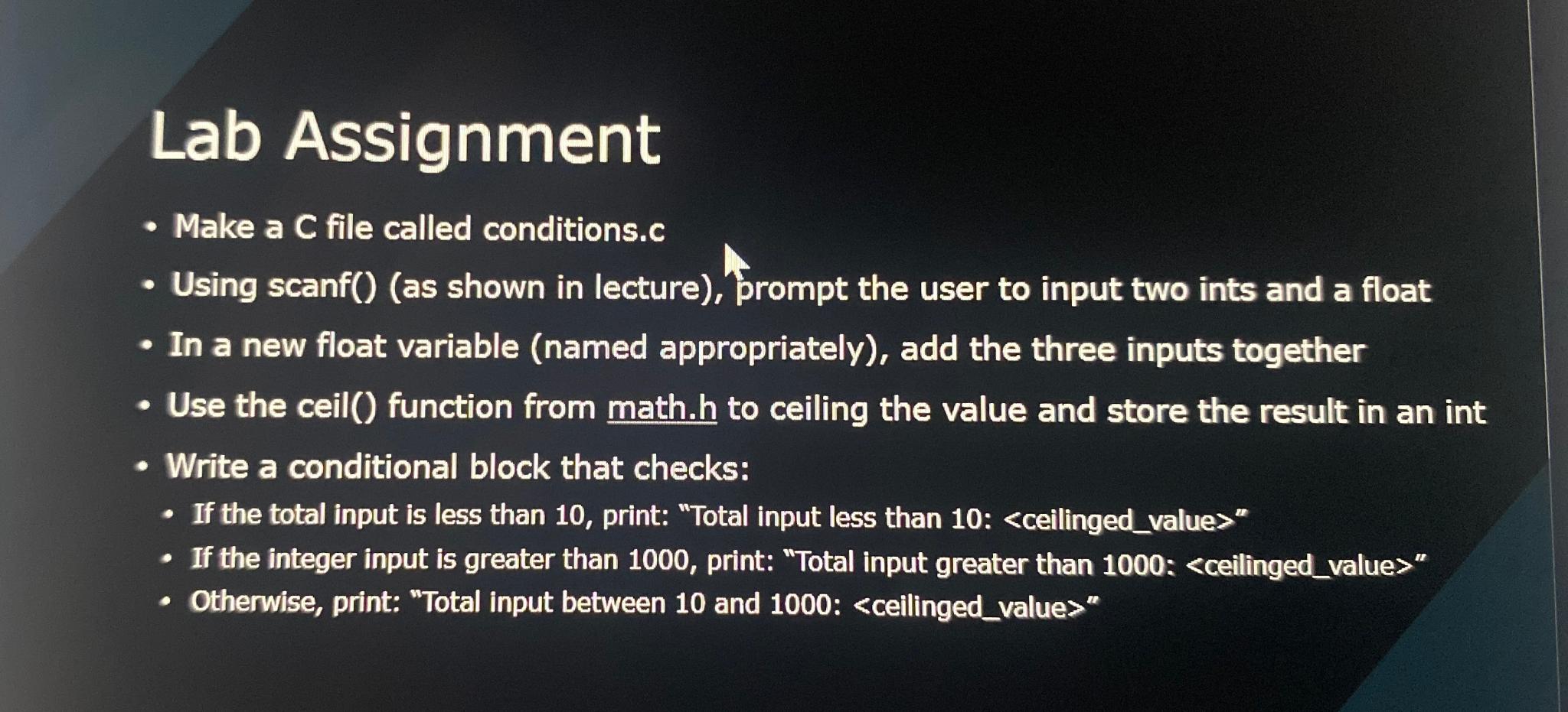Solved Lab Assignmentmake A C File Called Conditionscusing
