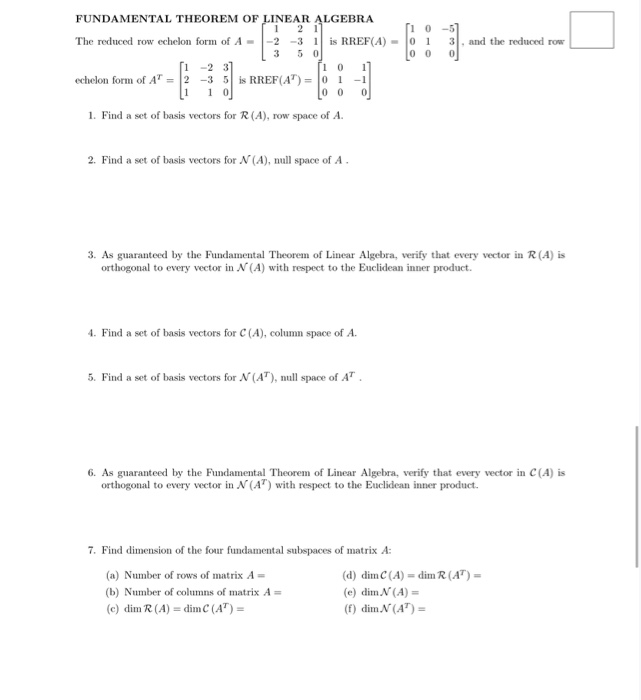 Solved FUNDAMENTAL THEOREM OF LINEAR ALGEBRA 121 The reduced | Chegg.com