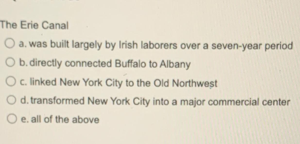 Solved The Erie Canala. ﻿was built largely by Irish laborers | Chegg.com