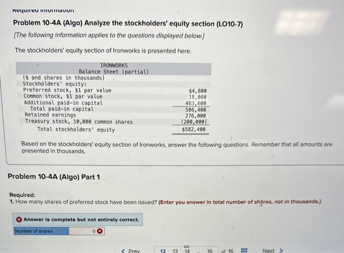 Solved Problem 10-4A (Algo) Analyze the stockholders' equity | Chegg.com