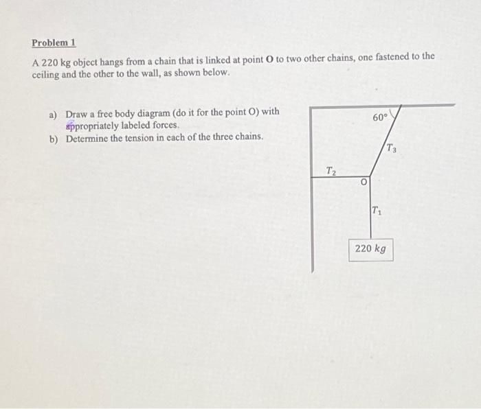 Solved Problem 1 A 220 kg object hangs from a chain that is | Chegg.com