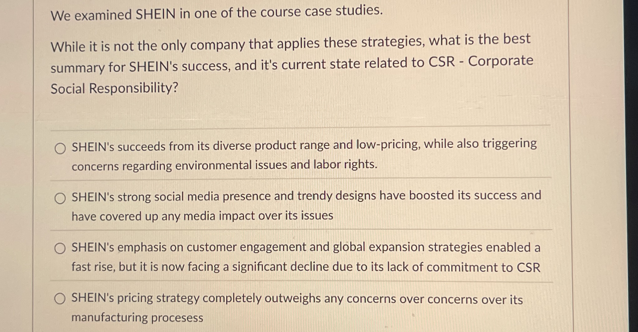 Solved We examined SHEIN in one of the course case | Chegg.com