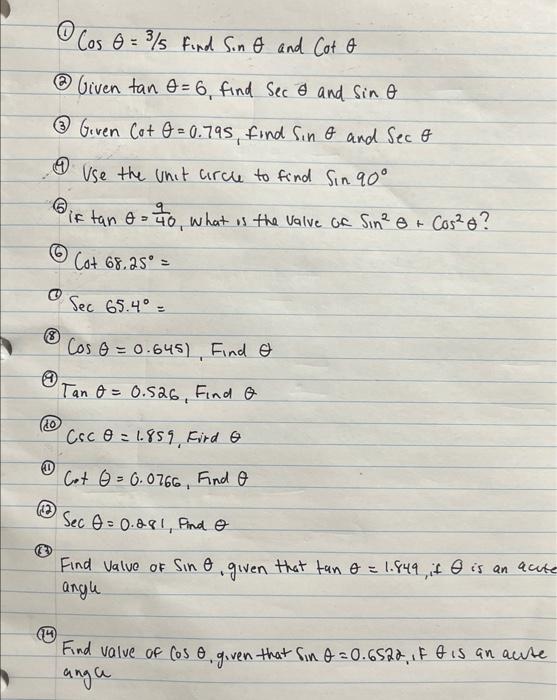 [Solved]: (1) ( cos theta=3 / 5 ) find ( sin theta