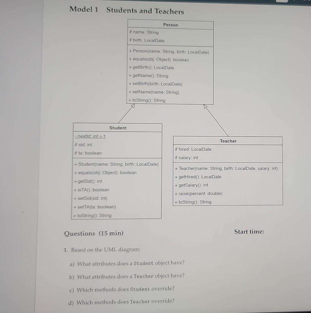 Solved Questions (15 min) Start time: 1. Based on the UML | Chegg.com