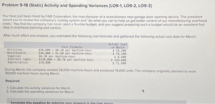 Solved Problem 9-18 (Static) Activity and Spending Variances | Chegg.com