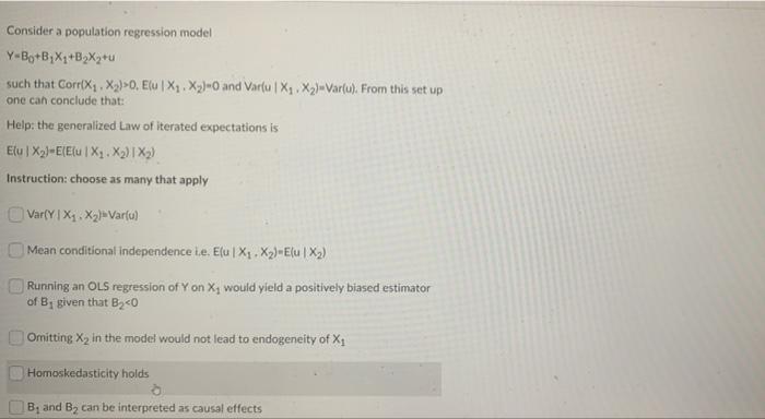Solved Consider a population regression model Y-Bo+BX2+BX+u | Chegg.com