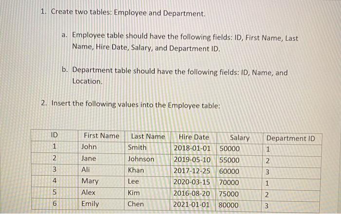 Solved 1. Create two tables: Employee and Department. a. | Chegg.com
