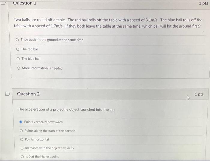 Solved Question 1 Two balls are rolled off a table. The red | Chegg.com