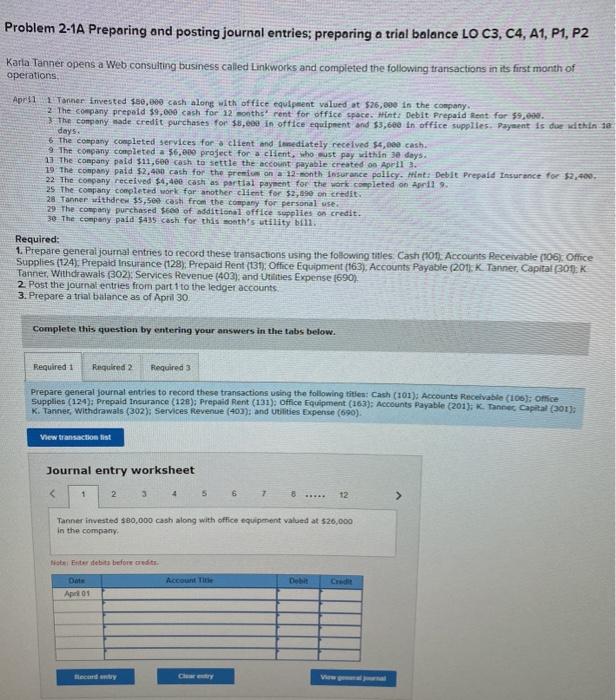 Solved Problem 2-1A Preparing and posting journal entries; | Chegg.com