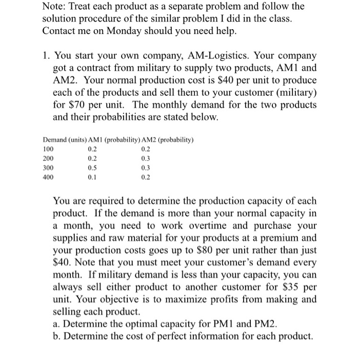 Solved Note: Treat each product as a separate problem and | Chegg.com Solved Note: Treat each product as a separate problem and | Chegg.com