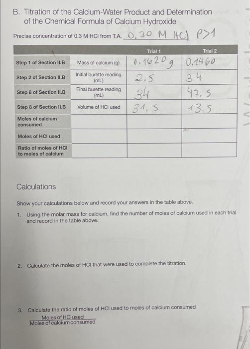 Solved B. Titration of the Calcium-Water Product and | Chegg.com