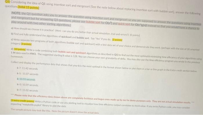 Q3) Considering the idea of Q1 using insertion sort | Chegg.com