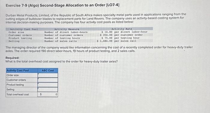 Solved Exercise 7.9 (Algo) Second-Stage Allocation to an | Chegg.com