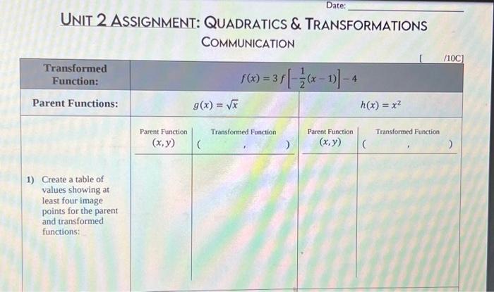 Solved UNIT 2 ASSIGNMENT: QUADRATICS \\& TRANSFORMATIONS | Chegg.com
