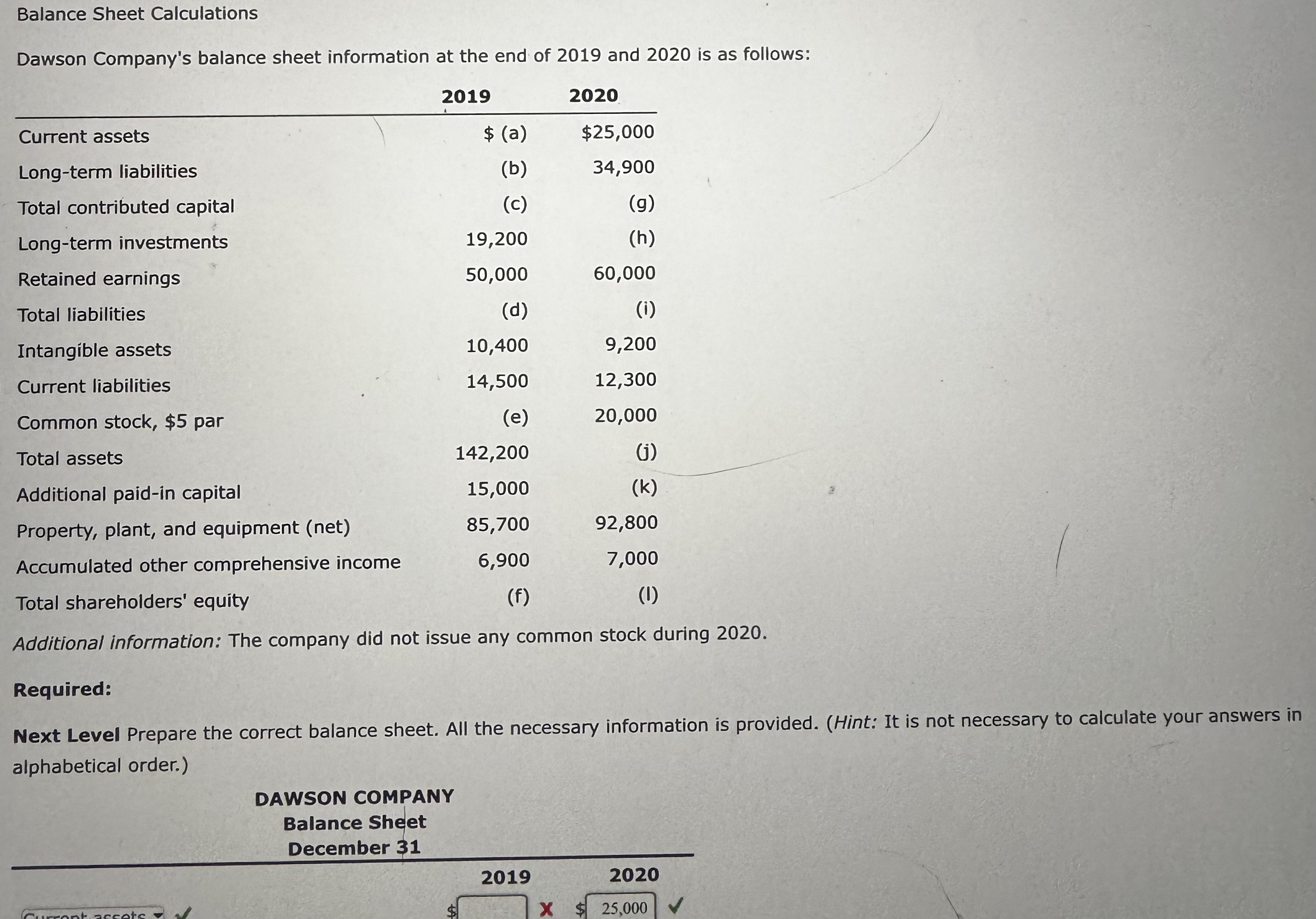 Solved Balance Sheet CalculationsDawson Company's balance | Chegg.com