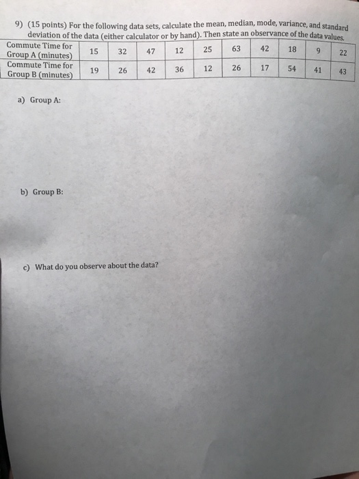 Solved 9) (15 points) For the following data sets. calculate | Chegg.com
