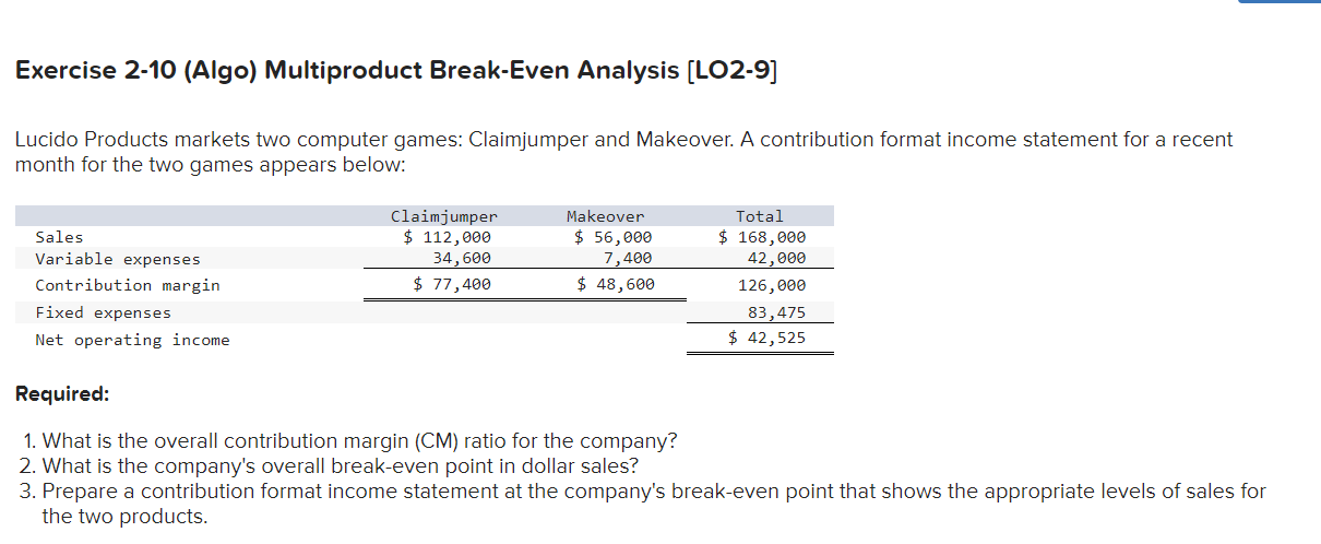 Solved Exercise 2-10 (Algo) ﻿Multiproduct Break-Even | Chegg.com