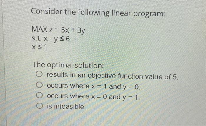 Solved Consider the following linear program: MAX z=5x+3y | Chegg.com