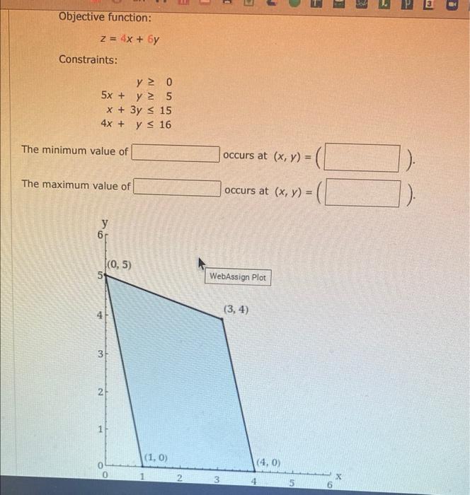 Solved 1 O 3 Objective Function Z 4x 6y Constraints
