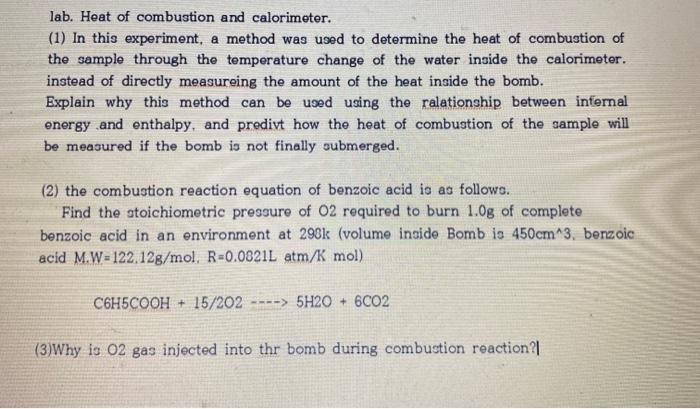 Solved lab. Heat of combustion and calorimeter. (1) In this | Chegg.com