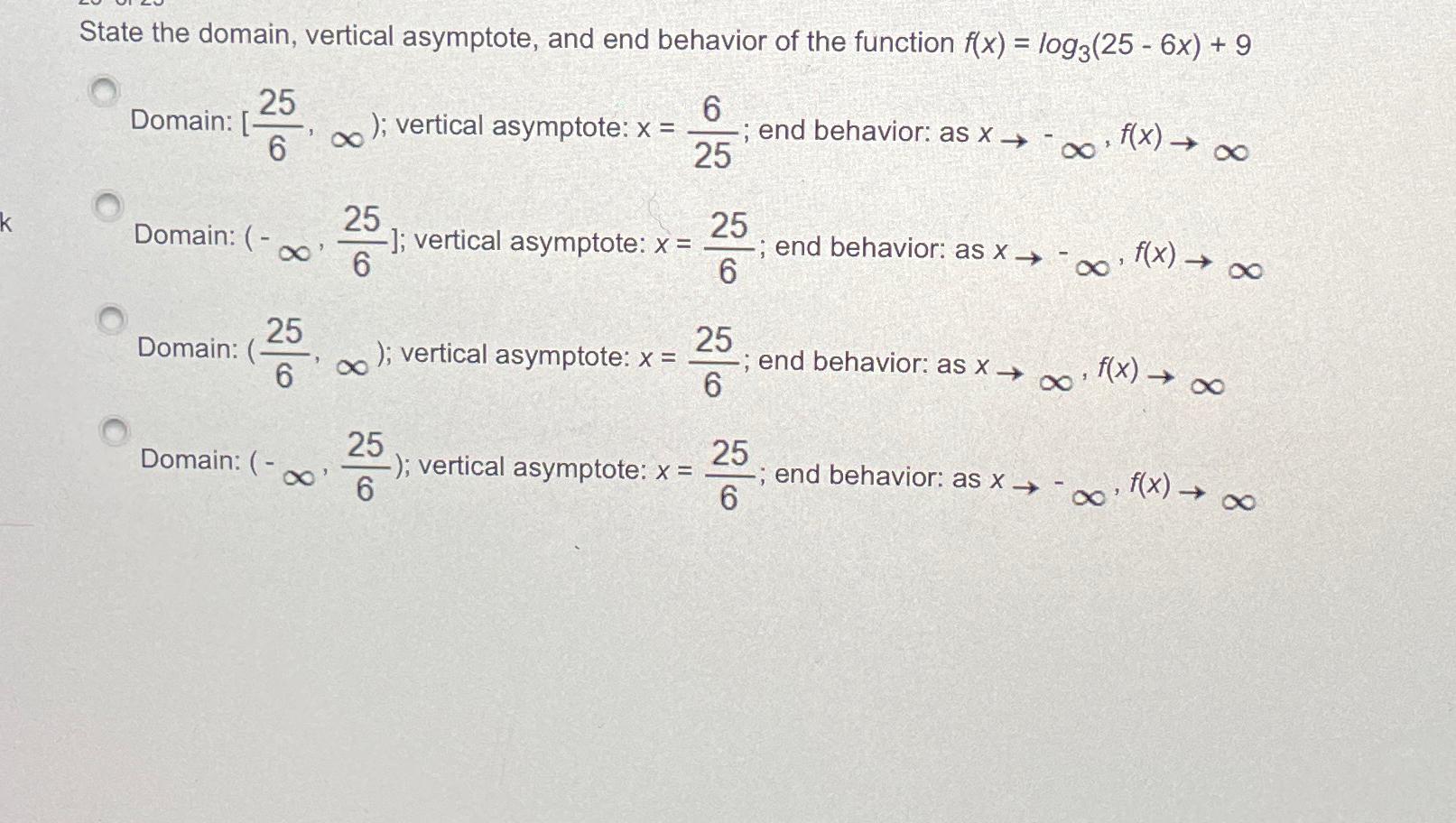 Solved State the domain, vertical asymptote, and end | Chegg.com
