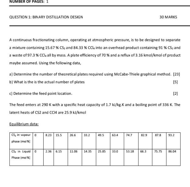 Solved NUMBER OF PAGES: 1 QUESTION 1: BINARY DISTILLATION | Chegg.com