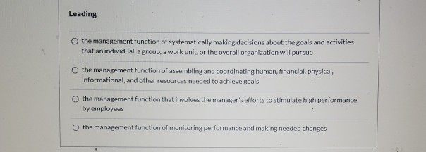 Solved Leading O the management function of systematically | Chegg.com