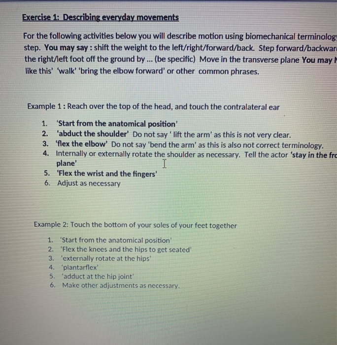Solved Exercise 1: Describing everyday movements For the | Chegg.com
